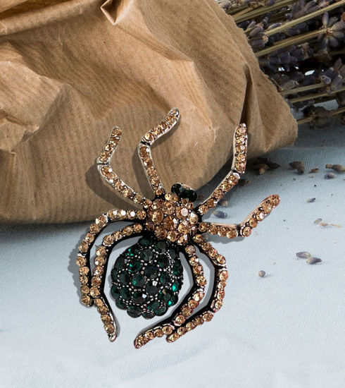 Not Necessity. Gold & Green Rhinestone Spider Brooch | Crystal Pin for ...